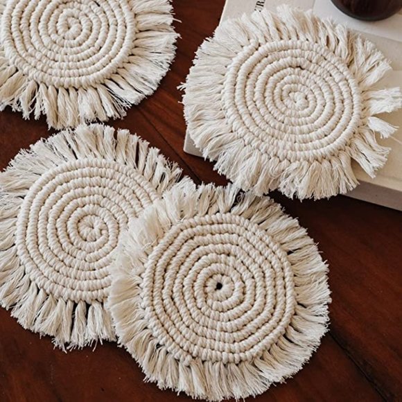 Accents | 4 Pc Macrame Coaster Set Boho Woven Cotton Fringe Drink Mats ...